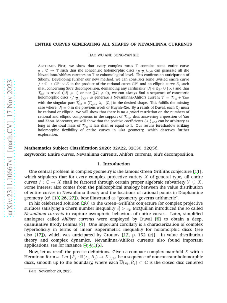 Entire Curves Generating All Shapes of Nevanlinna Currents: Bstract | PDF | Geometry | Abstract ...
