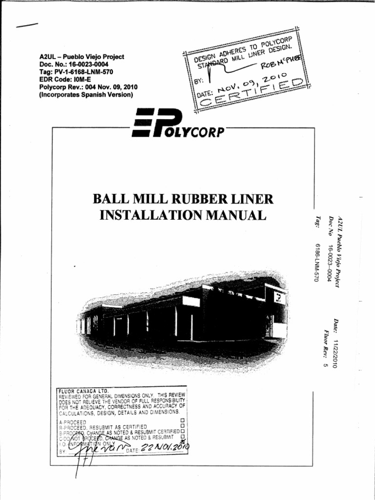 Ball Mill Liner Installation Manual - Policorp | PDF