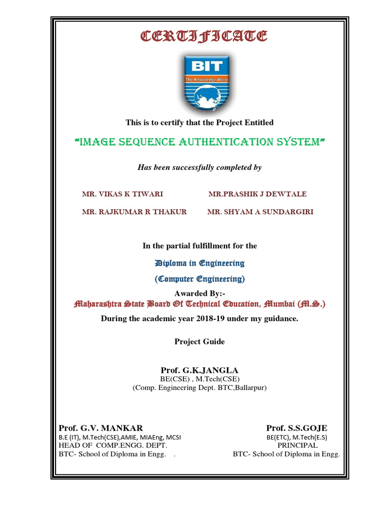 Image Sequence Authentication Project Certificate | PDF | Technology & Engineering