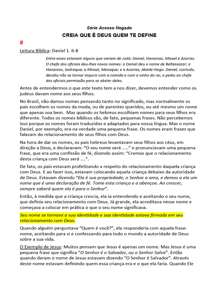 Creia Que Deus É Quem Te Define - Daniel 1 | PDF | Daniel (personagem ...