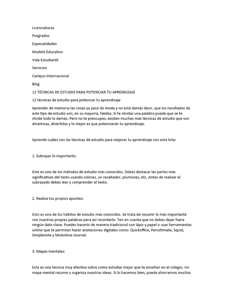 Tecnicas de Estudio | PDF | Aprendizaje | Habilidades de estudio