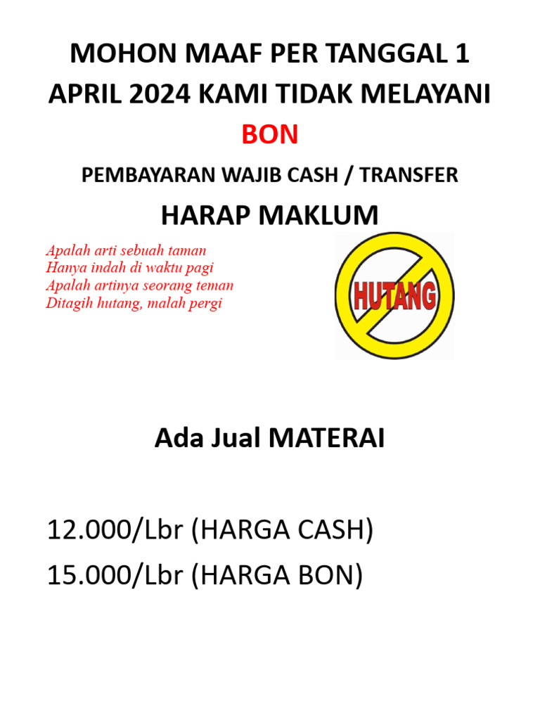 Tidak Melayani Bon Mulai 1 April 2024 | PDF