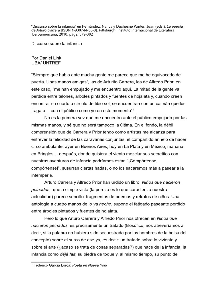 Daniel - Link Discurso - Sobre - La - Infancia - Arturo Carrera | PDF ...