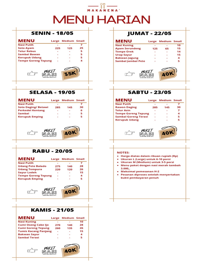Menu Harian (1 Minggu) 18-23mei | PDF