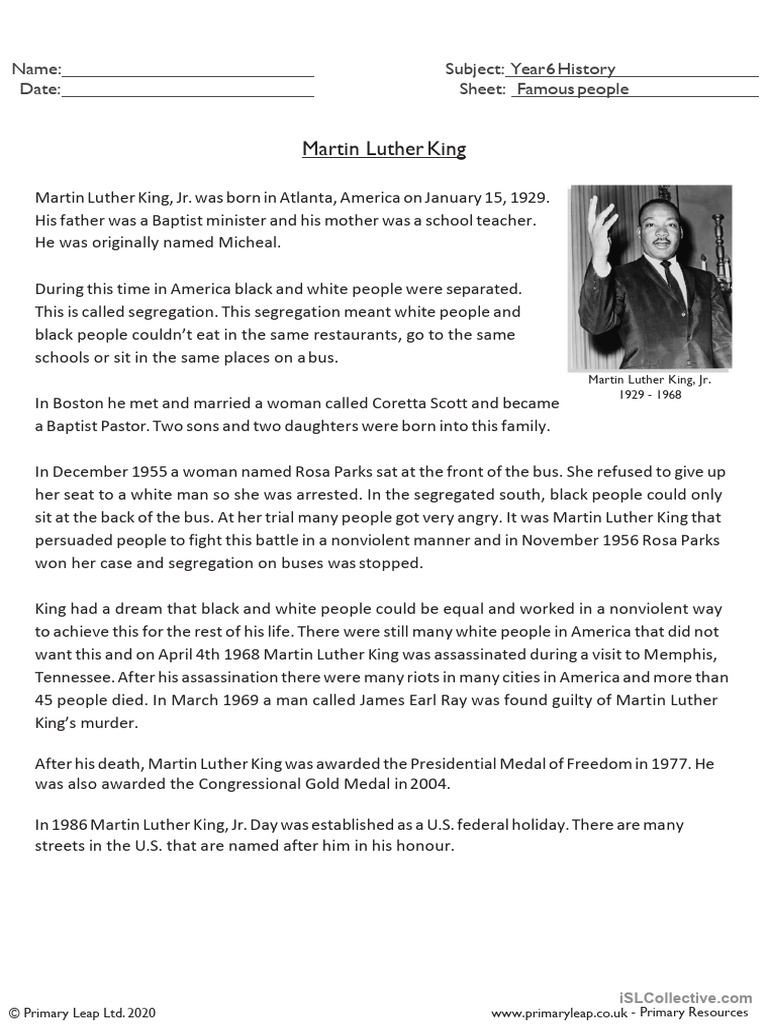 Reading comprehension - Martin Luther King | PDF | Martin Luther King ...