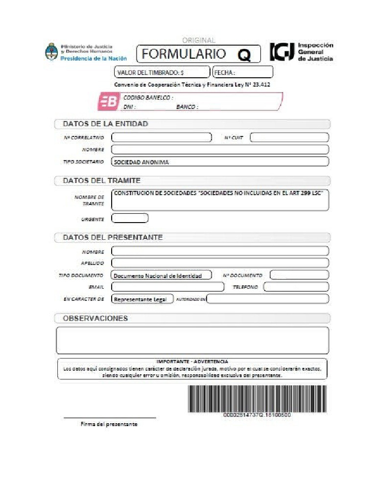 Formulario Q IGJ constitución SA | PDF