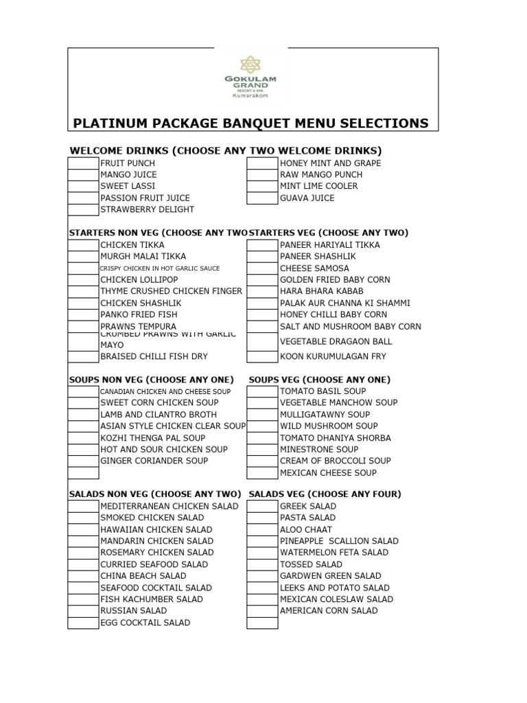 Platinum Package Banquet Menu | PDF | Soup | Salad