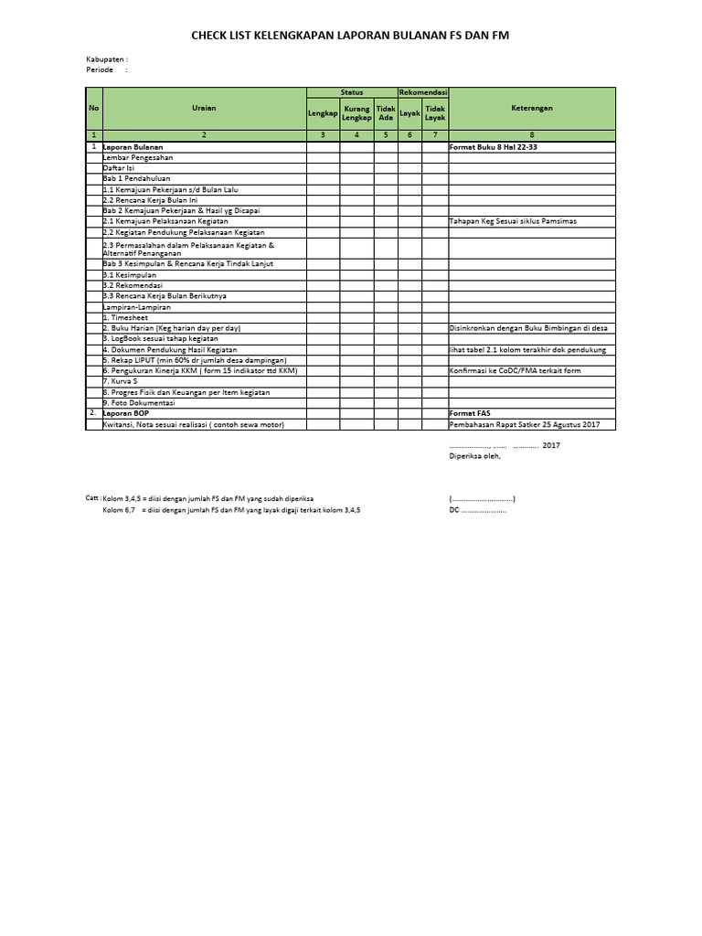 CheckList Kelengkapan Laporan Bulanan | PDF