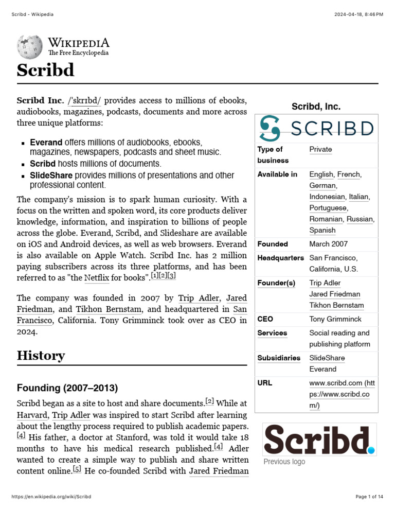 Wikipedia Entry On Scribd As of April 2024 | PDF | Scribd