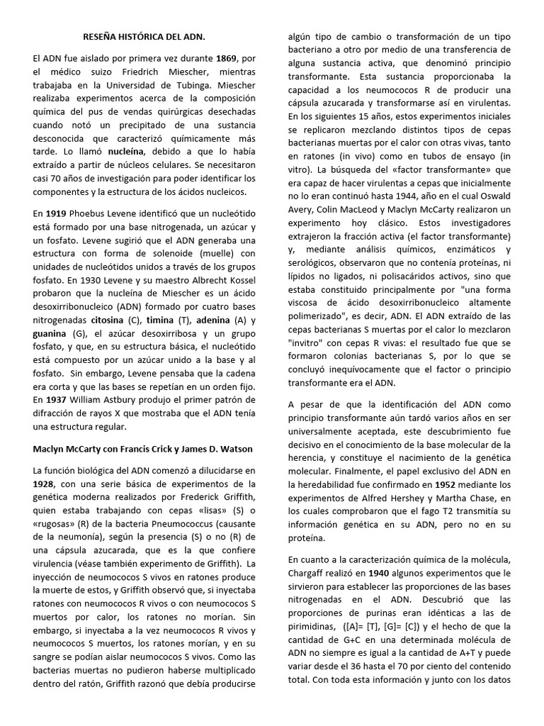 RESEÑA HISTÓRICA DEL ADN | PDF | Adn | Francis Crick