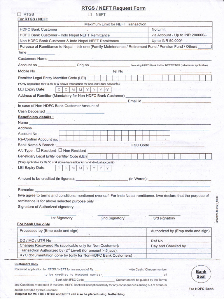 RTGS Form - HDFC | PDF
