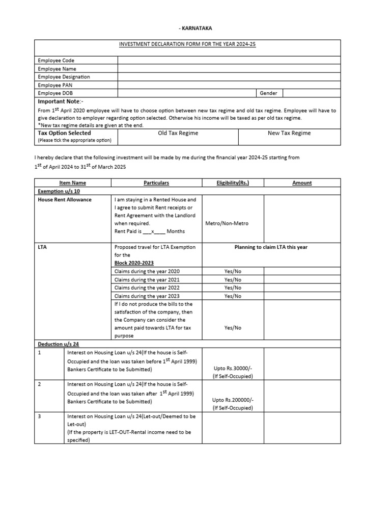 Investment Declaration FY 2024-25 | PDF | Taxes | Tax Deduction