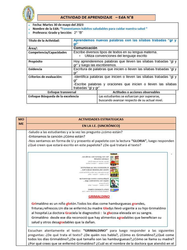 Actividades con sílabas trabadas "gl y gr" | PDF | Cognición | Lingüística