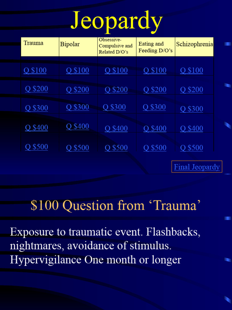 Jeopardy on Mental Health Disorders | PDF | Bipolar Disorder | Eating