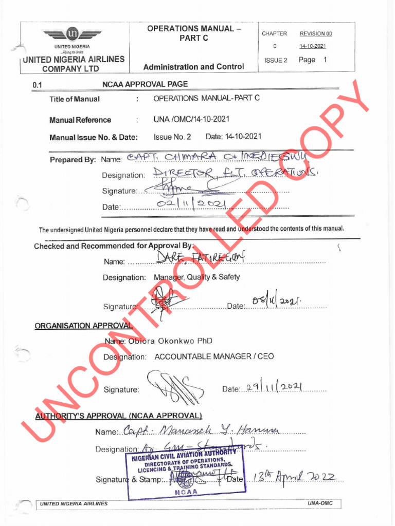 Uncontrolled Copy: United Nigeria Airlines Company LTD | PDF ...