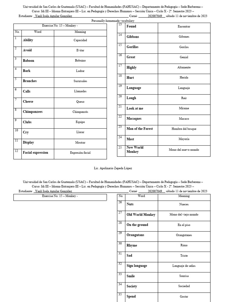 .Vocabulary #151 - Monkey | PDF | Mono | Mono