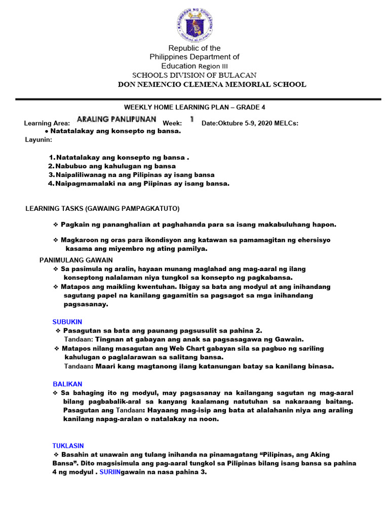 1 WEEKLY-HOME-LEARNING-PLAN-in-AP4 | PDF