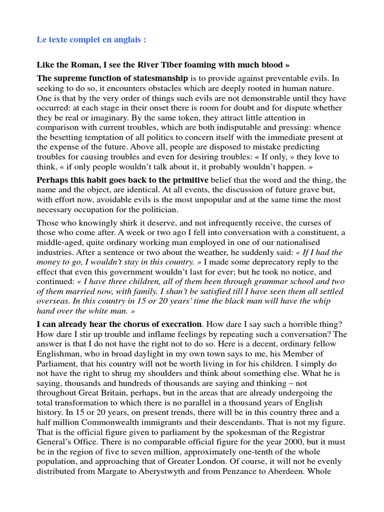 Enoch Powell - Rivers of Blood Speech | PDF | Citizenship