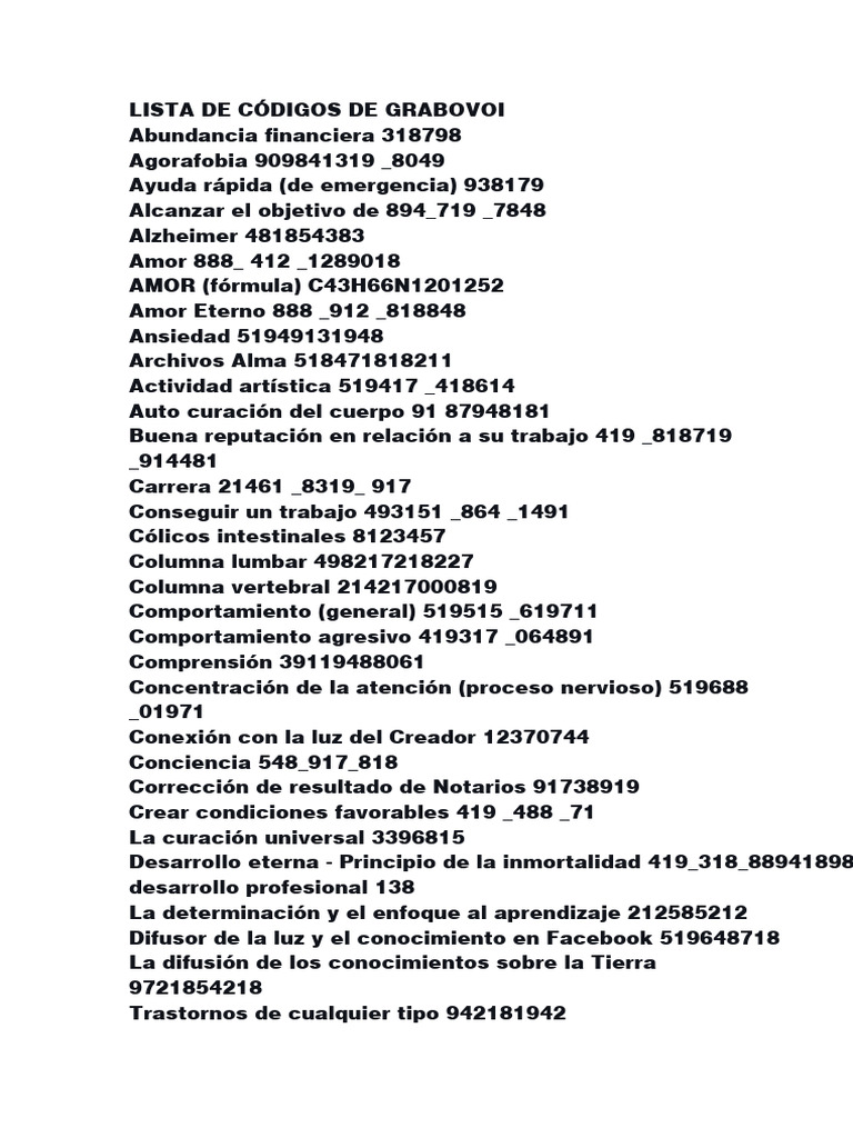 Lista de Códigos de Grabovoi | PDF | Depresión (estado de ánimo) | Desorden bipolar