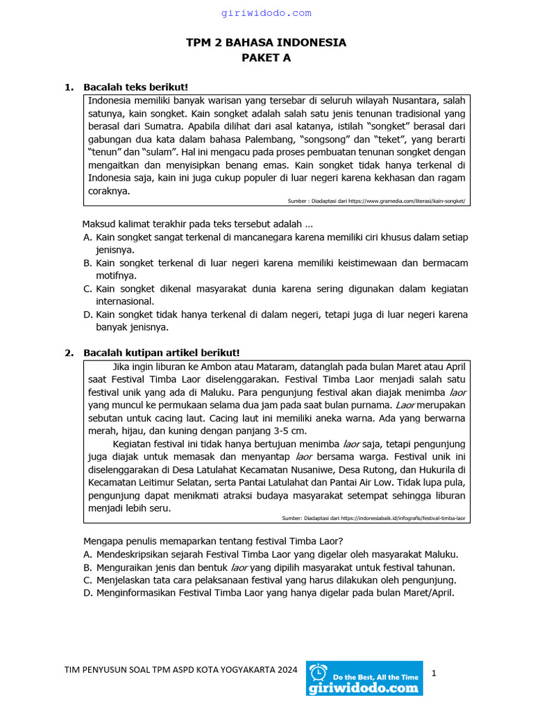 TPM 2 Literasi Membaca - Bhs. Indo Pkt-A | PDF