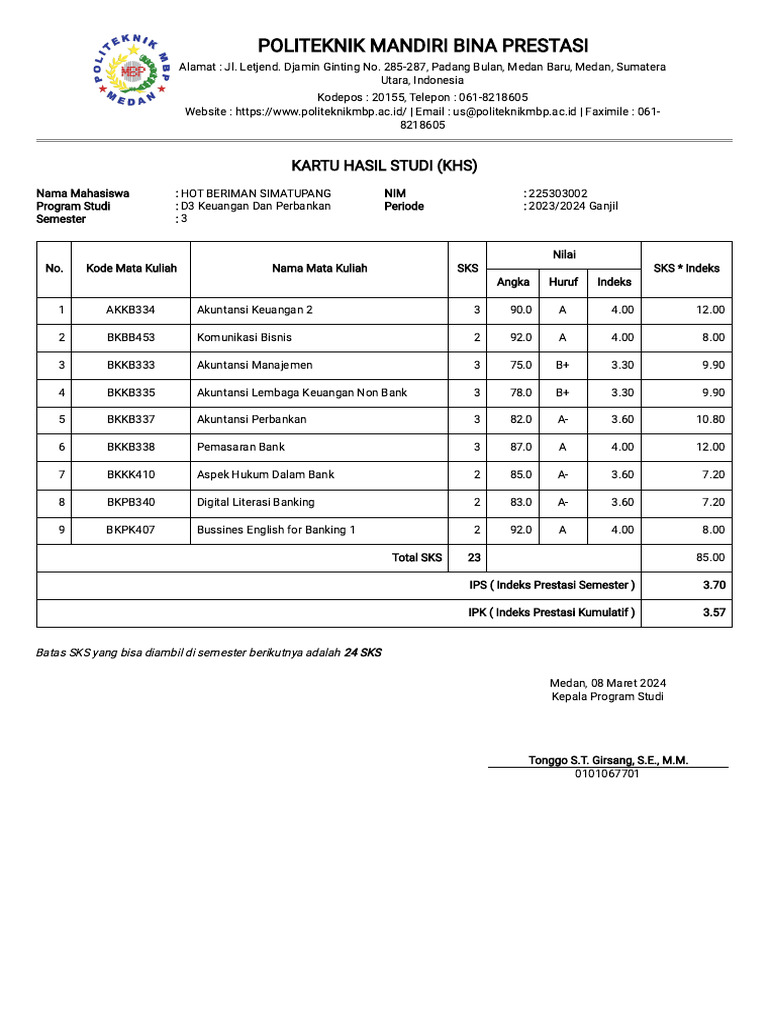 Cetak Laporan KHS Mahasiswa Hot Beriman Simatupang 2024 | PDF