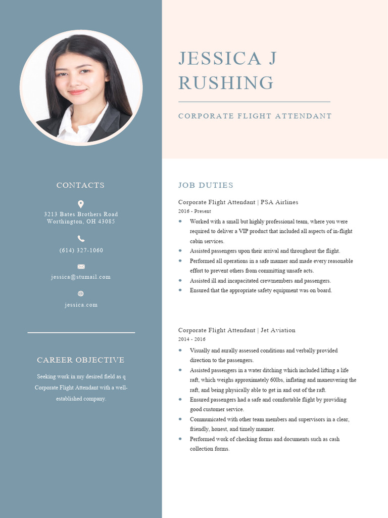 Corporate Flight Attendant Resume A4 | PDF | Flight Attendant | Transport