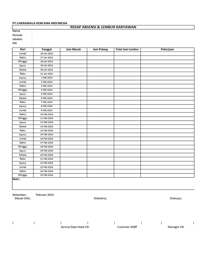 Form Rekap Absen, Lembur, Daily Activity (3) (2) HARIII | PDF