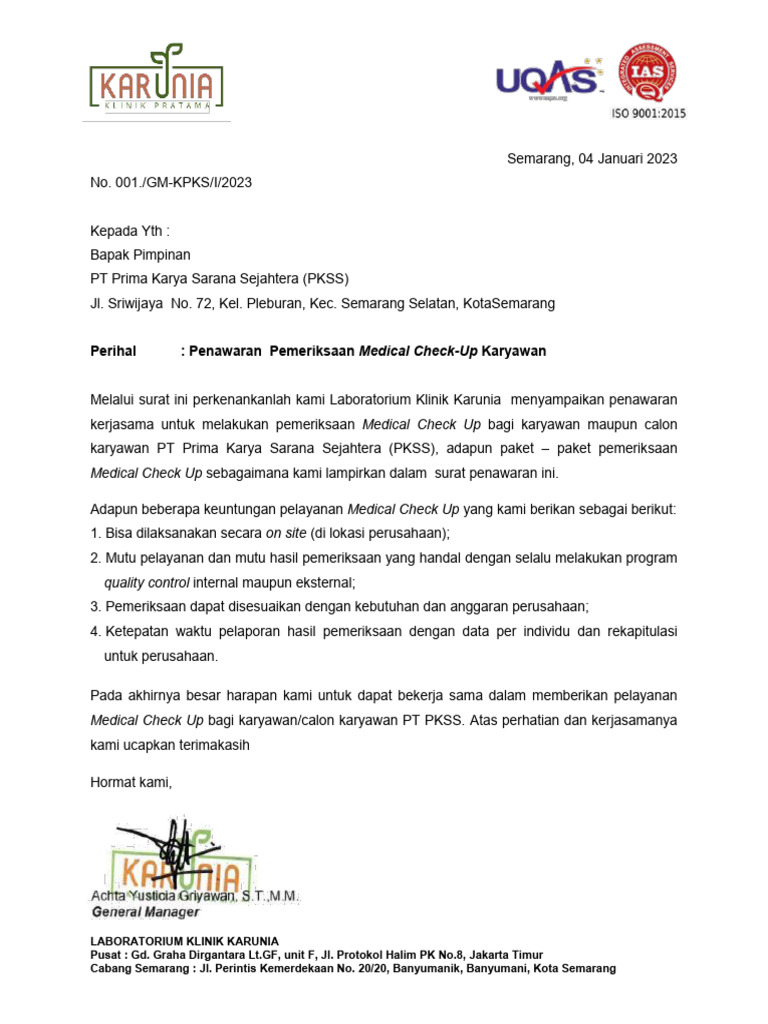 Surat GM 001 Penawaran MCU PKSS Jan 2023 PDF | PDF