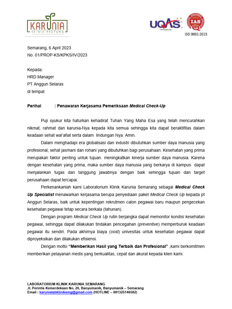 Proposal Penawaran MCU PT Anggun Selaras 2 | PDF | Bisnis