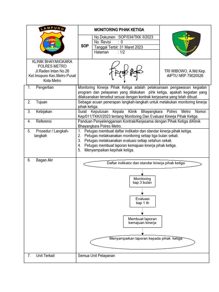 Sop Monitoring Kinerja Pihak Ketiga Oke | PDF