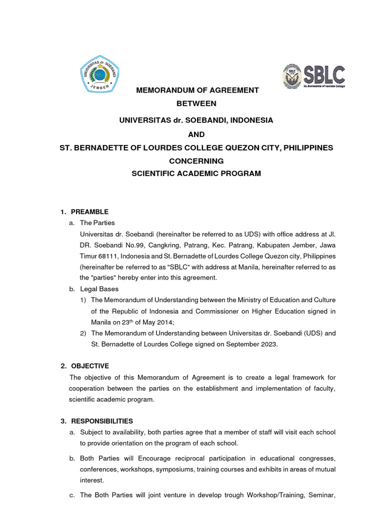 MoA UDS - SBLC SCIENTIFIC ACADEMIC PROGRAM | PDF