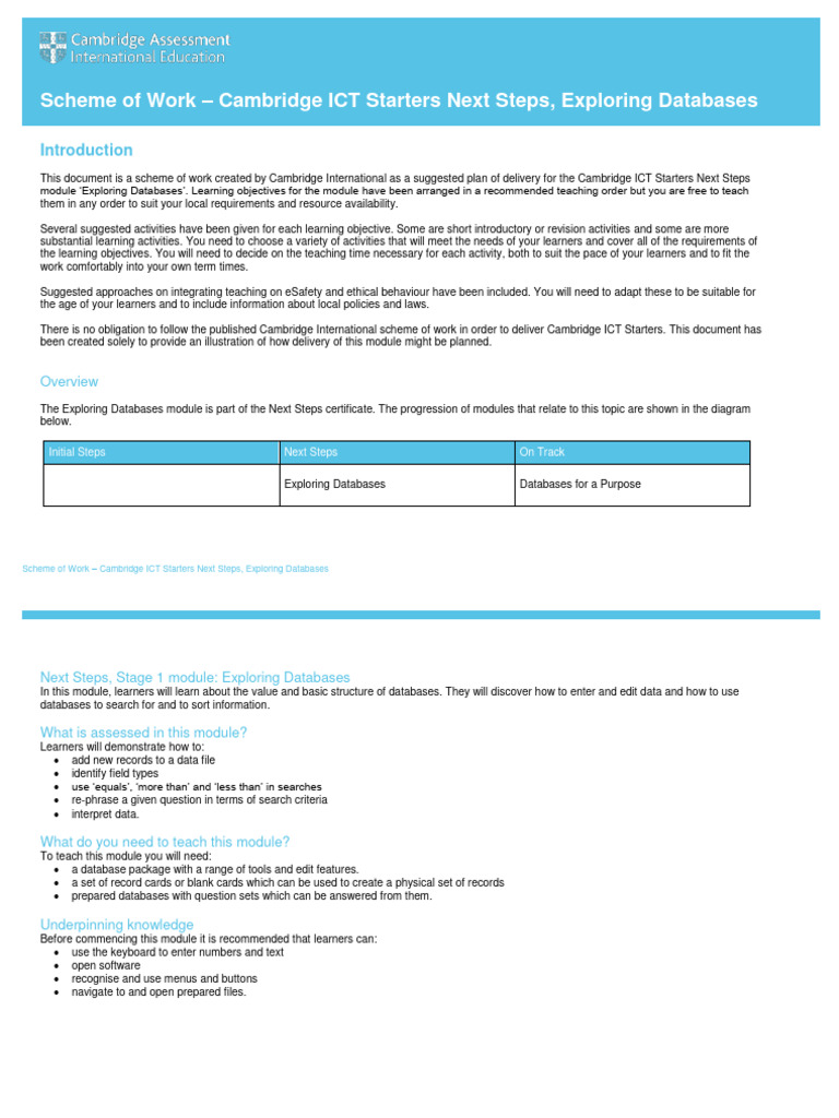 Next Steps Scheme of Work Unit 4281 - Exploring Databases | PDF | Databases | Educational Technology
