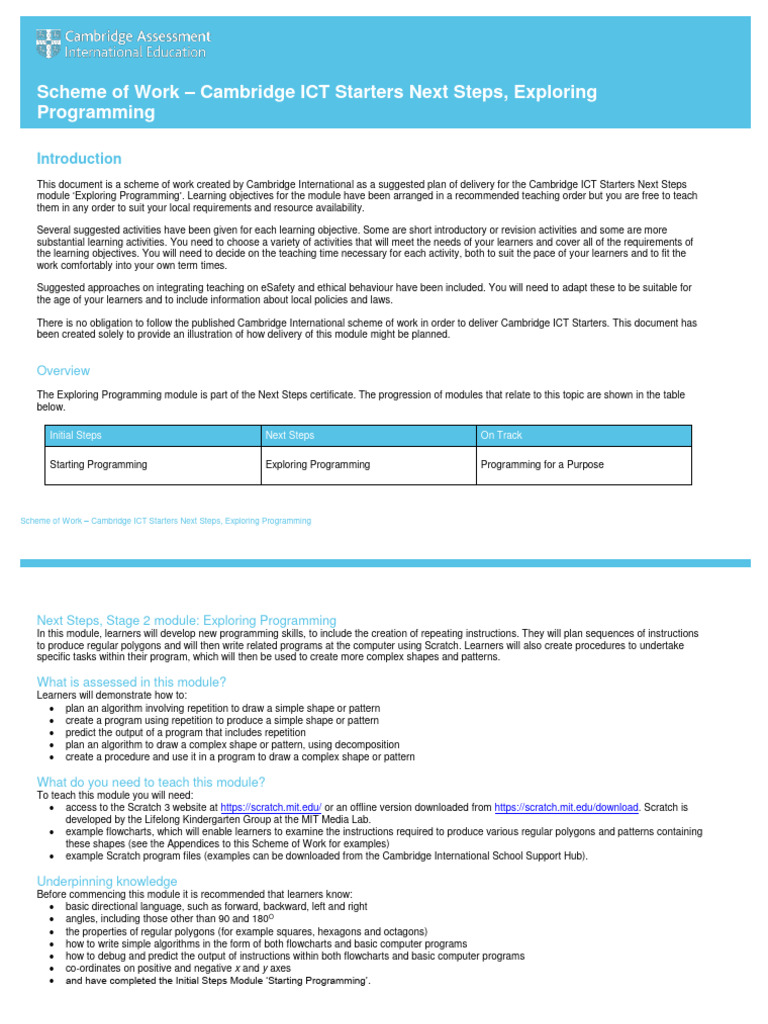 Next Steps Scheme of Work Unit 4282 Exploring Programming - For Assessment From January 2019 ...
