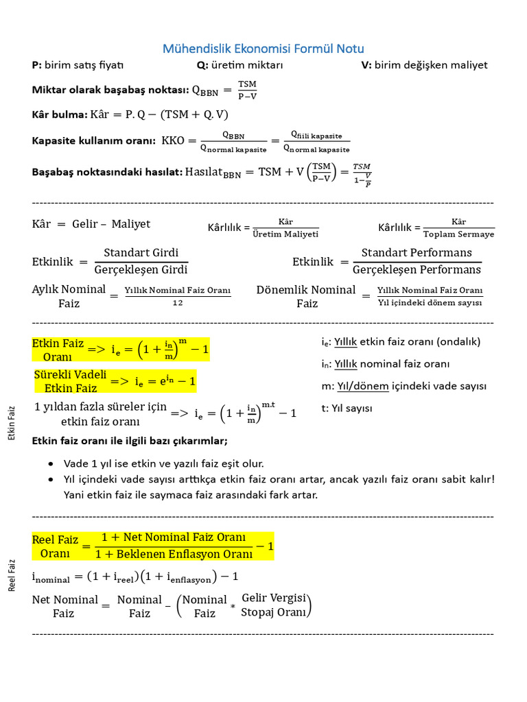 Mühendislik Ekonomisi Formül Notu | PDF