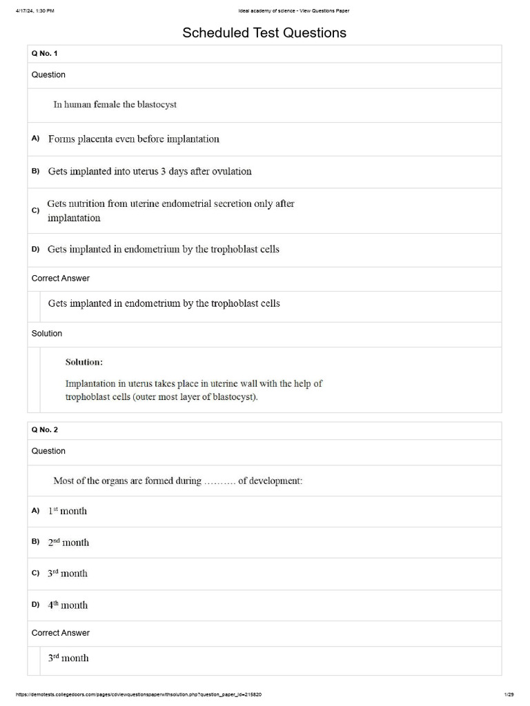 Human Reproduction Obj Test | PDF | Teaching Methods & Materials