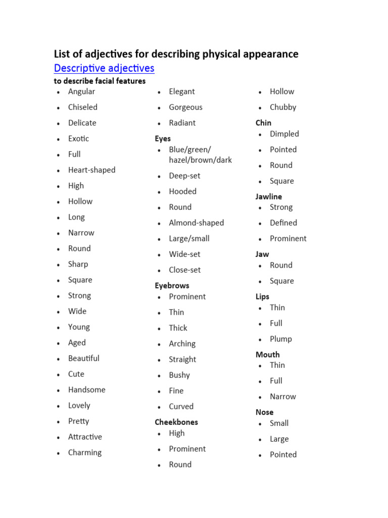List of Adjectives For Describing Physical Appearance | PDF | Human Anatomy