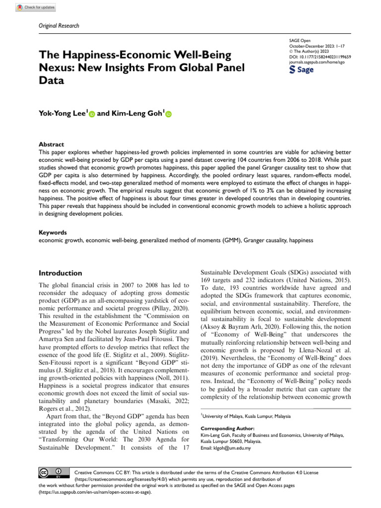Lee Goh 2023 The Happiness Economic Well Being Nexus New Insights From Global Panel Data | PDF ...