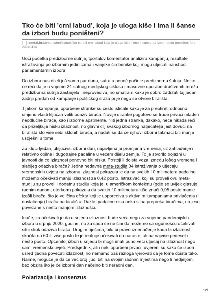 Tportal - Hr-Tko Će Biti Crni Labud Koja Je Uloga Kiše I Ima Li Šanse Da Izbori Budu Poništeni | PDF