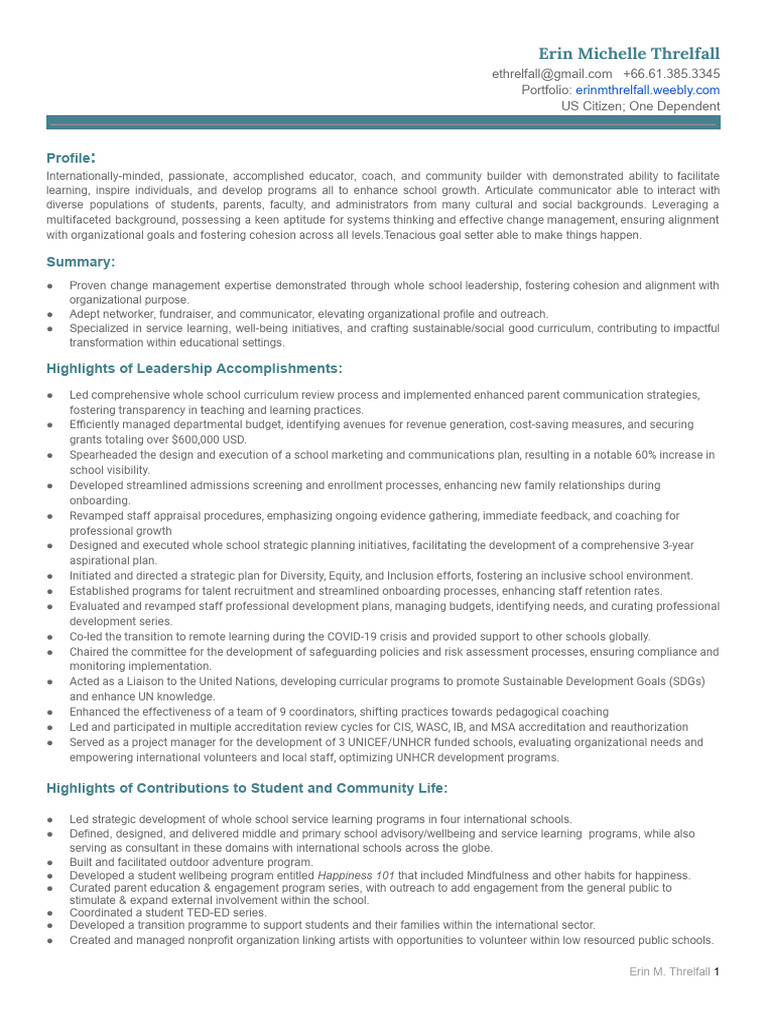 CV Erin Michelle Threlfall 2024 | PDF | Leadership | Teachers
