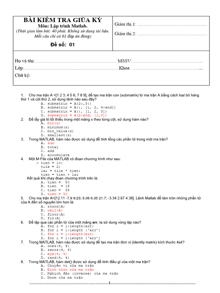 Đề thi TN giữa kỳ - Đề 1 | PDF