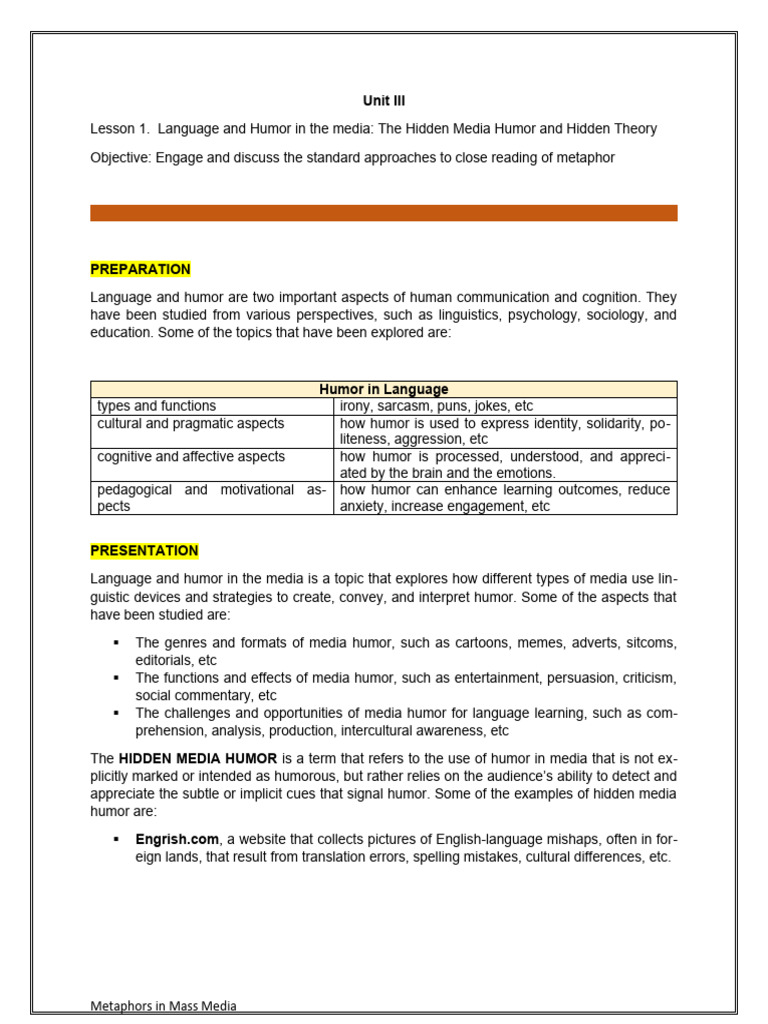 Notes Unit III Lesson 1 Language and Humor in The Media | PDF | Humour ...
