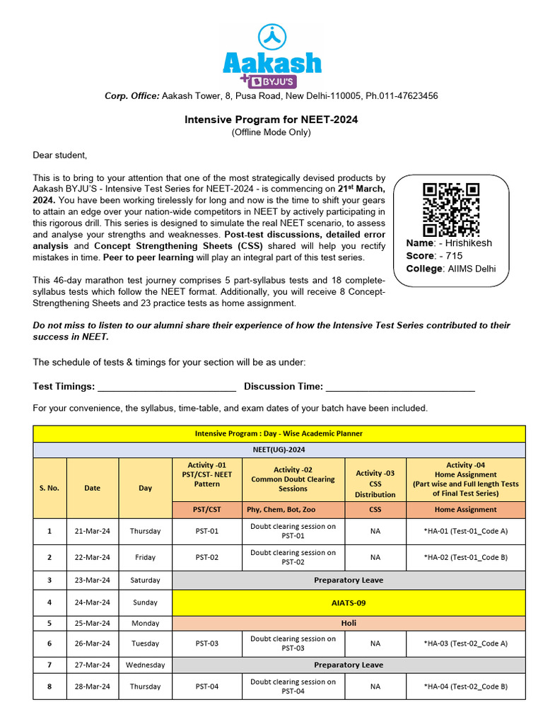 NEET 2024 Intensive Test Series | PDF | Tests | Qualifications