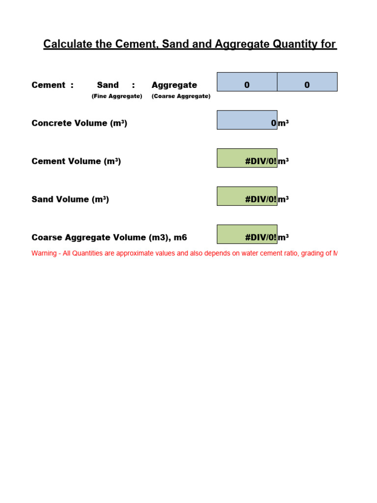 Excel Sheet For Cement, Sand and Aggregate Quantity Calculation For Concrete | PDF | Science ...