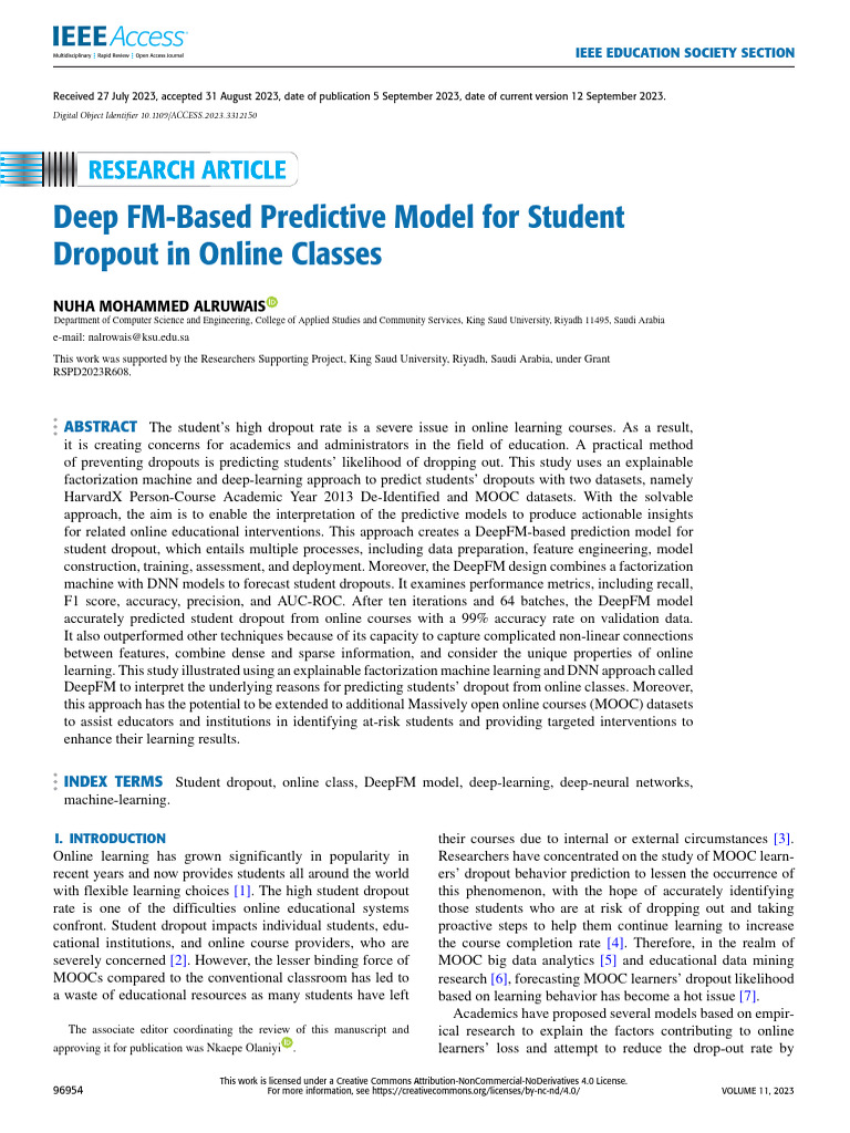 Deep FM-Based Predictive Model For Student Dropout in Online Classes | PDF | Machine Learning ...