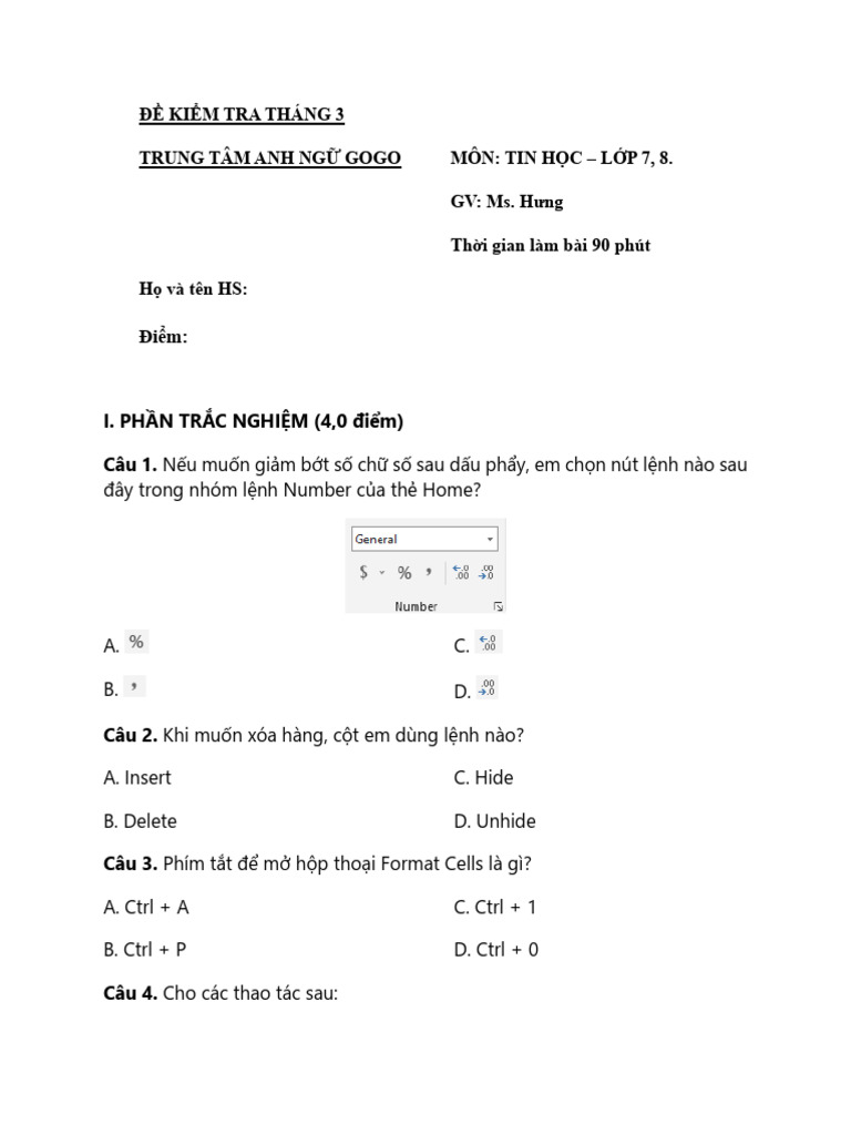 De Kiem Tra Tin Hoc Lop 7.8 T03.2024 | PDF