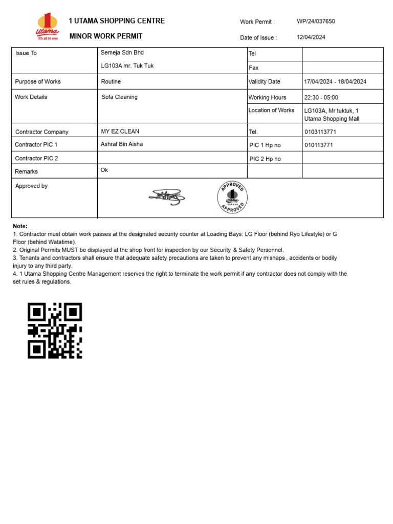1 Utama Minor Work Permit Details | PDF