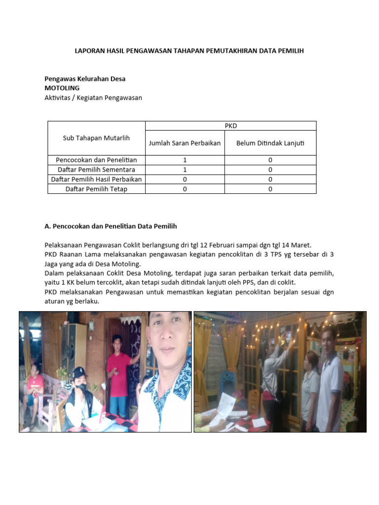 Laporan Hasil Pengawasan Tahapan Pemutakhiran Data Pemilih Motoling | PDF