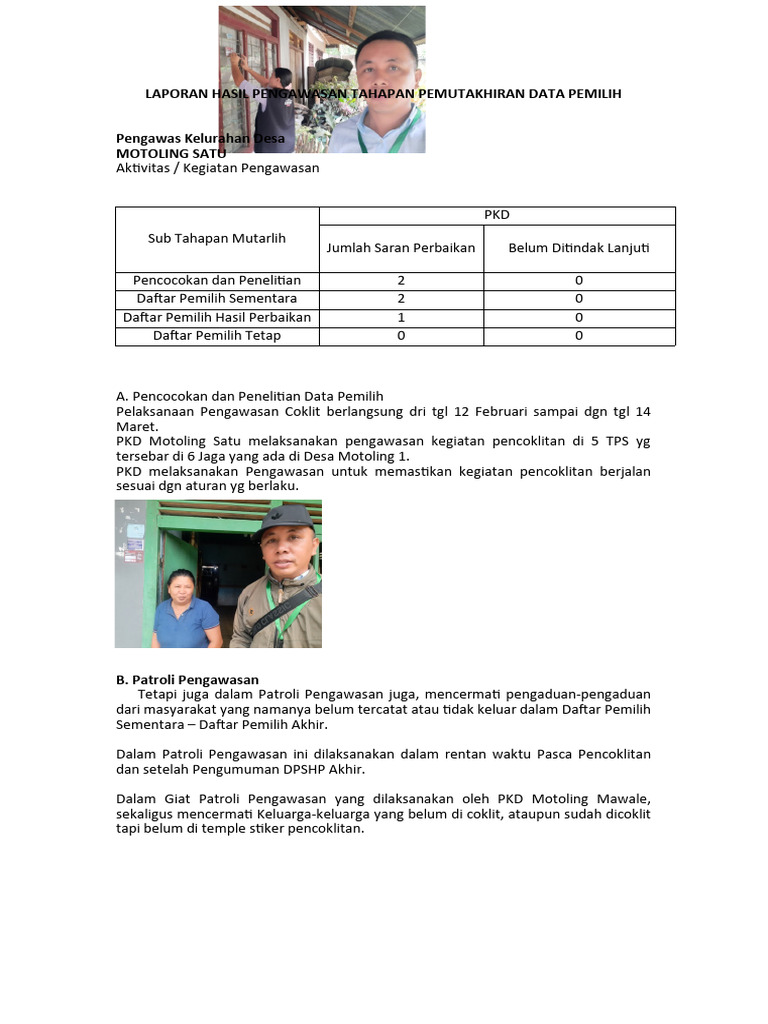 Laporan Hasil Pengawasan Tahapan Pemutakhiran Data Pemilih Motoling Satu | PDF