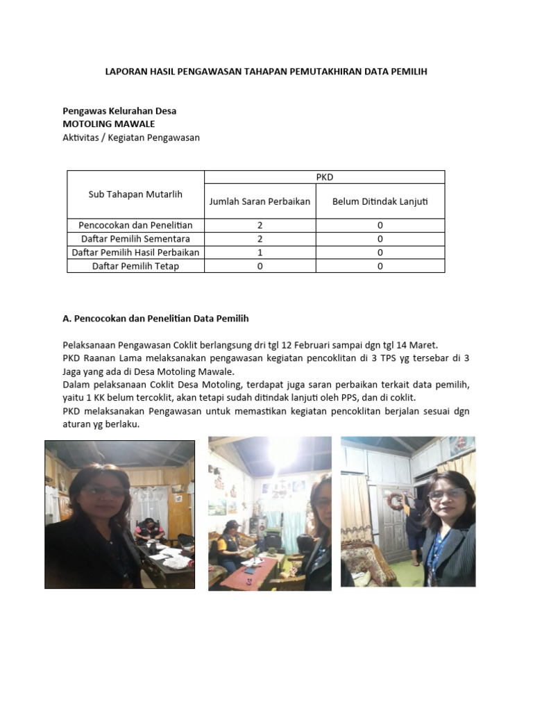 Laporan Hasil Pengawasan Tahapan Pemutakhiran Data Pemilih Motoling Mawale | PDF