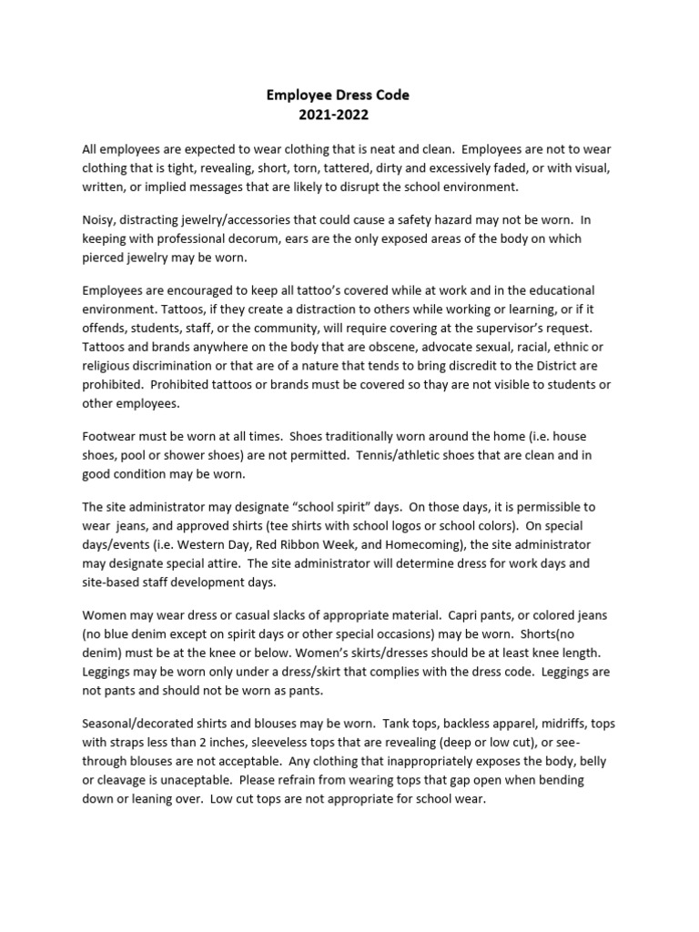 21-22 Employee Dress Code 1 | PDF | Dress | Trousers